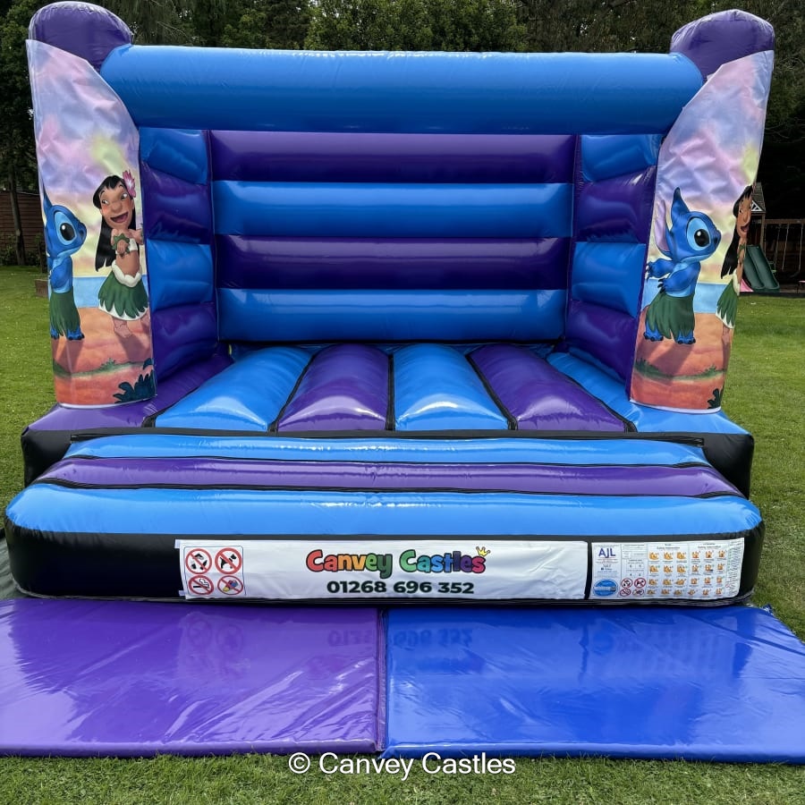 12ft x 12ft Blue and Purple Lilo and Stitch Low Height Bouncy Castle ...