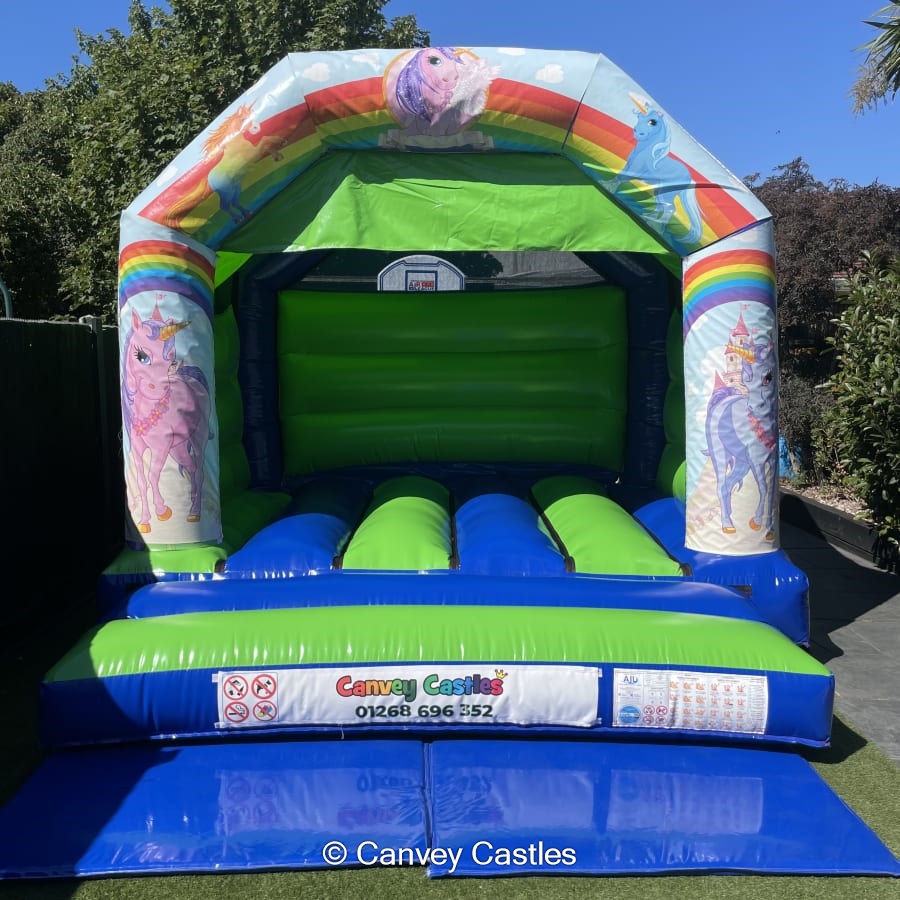 12ft x 12ft Green and Blue Unicorn Bouncy Castle - Bouncy Castle Hire ...