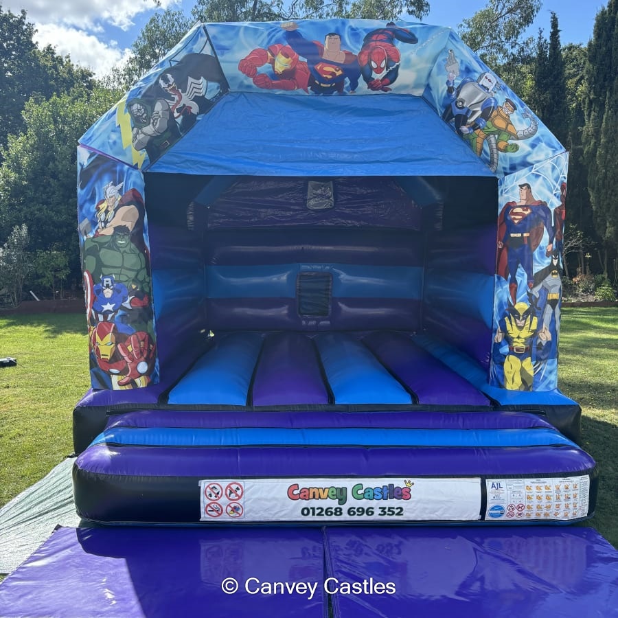 12ft x 15ft Blue and Purple Avengers Bouncy Castle - Bouncy Castle Hire in Essex | Canvey Castles