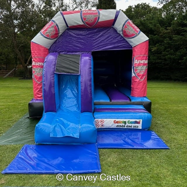12ft x 17ft Blue and Purple Arsenal Slide combo Bouncy Castle - Bouncy Castle Hire in Essex ...