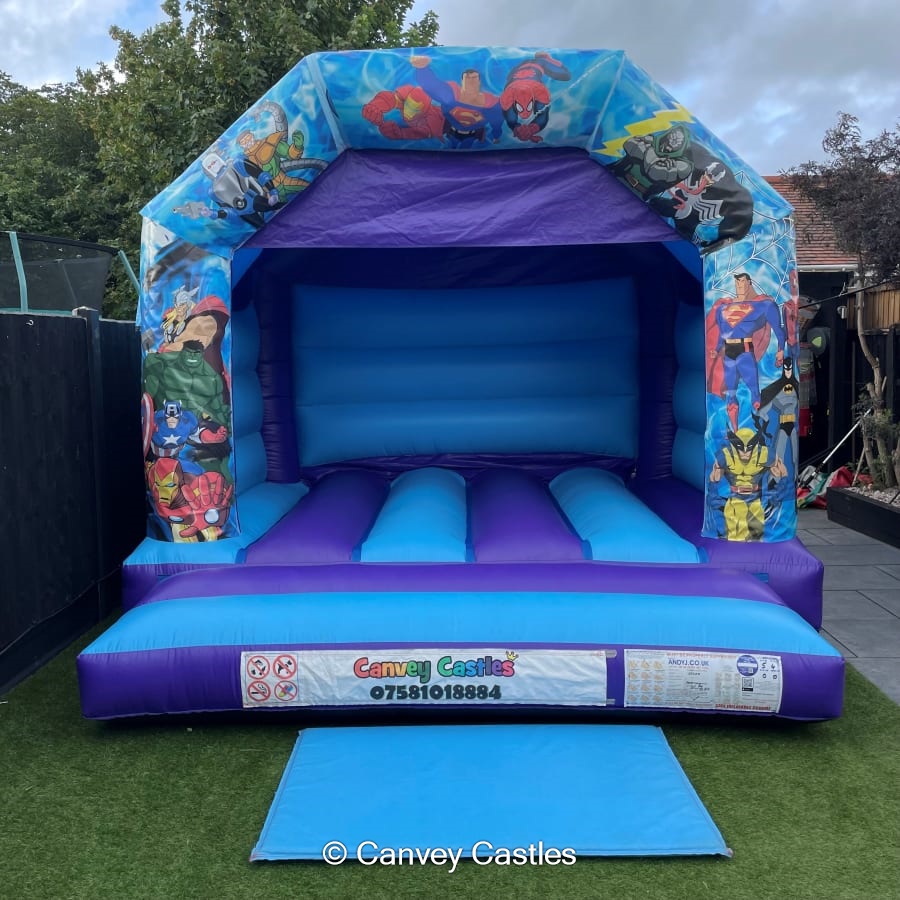 12ft x 12ft Light Blue and Purple Avengers Bouncy Castle - Bouncy ...